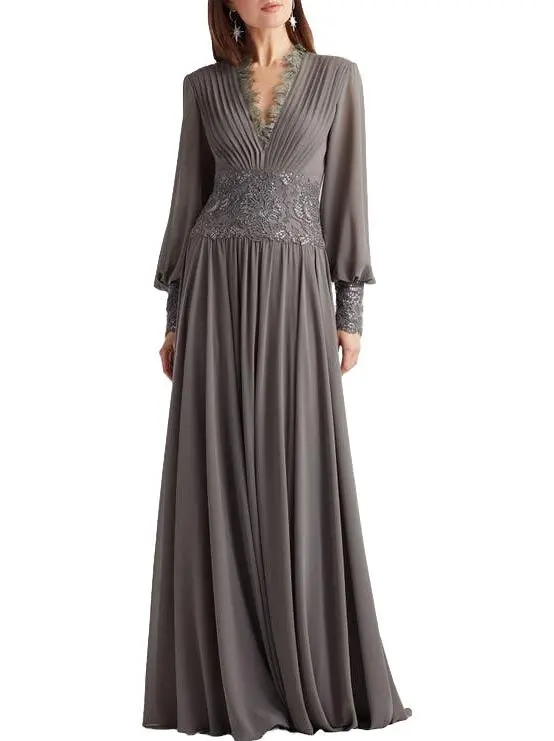 Tadashi Shoji Sequin Lace Detail Long Sleeve Chiffon Gown - Mist