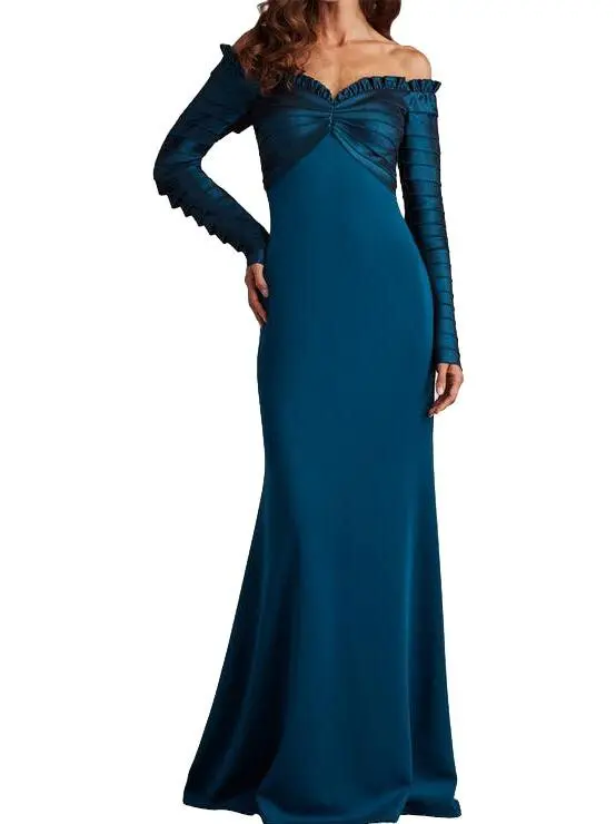 Tadashi Shoji Off-the-shoulder Long Sleeve Mermaid Gown - Cerulean