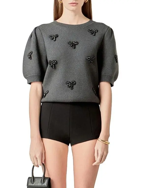English Factory Embellished Bow Puff Short Sleeve Sweater - Charcoal
