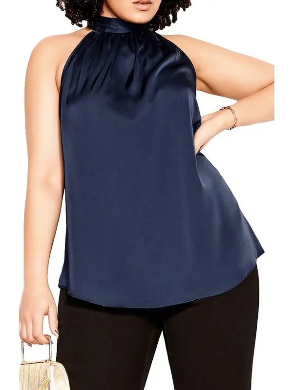 City Chic Sleeveless Satin Top - Navy