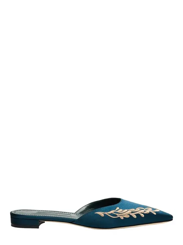 Manolo Blahnik 10mm Fontaza Embroidered Satin Flat Mules - Dark Blue