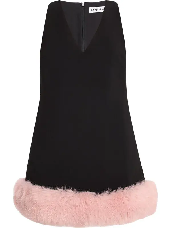SELF-PORTRAIT Crepe Mini Dress With Faux Fur Hem - Black
