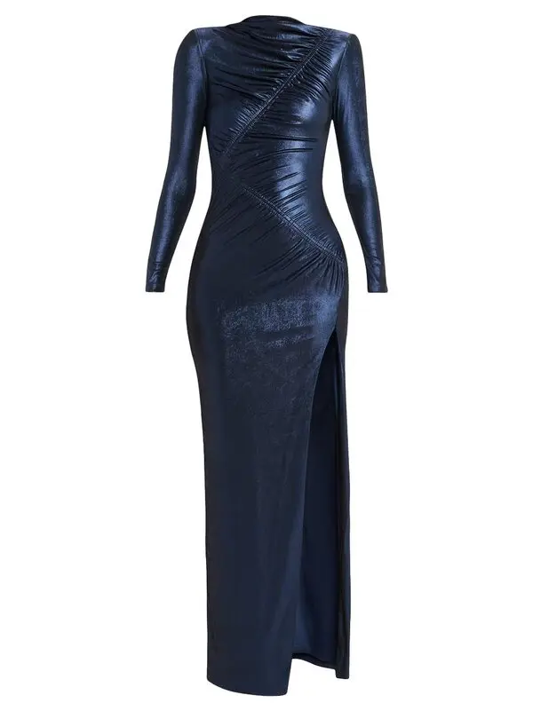 SELF-PORTRAIT Metallic Gathered Maxi Dress - Navy