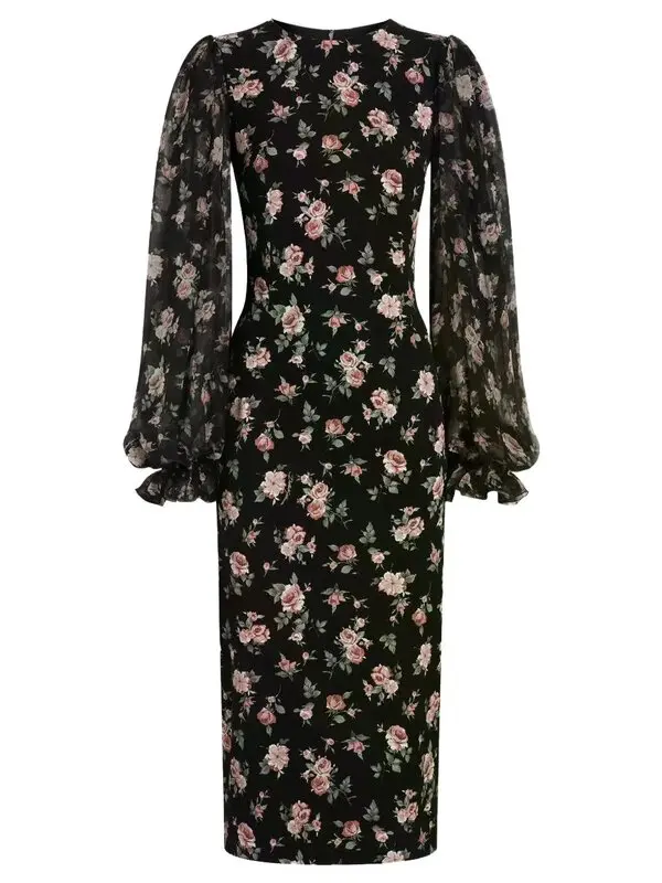 Dolce & Gabbana Floral Puff-sleeve Midi Dress - Black