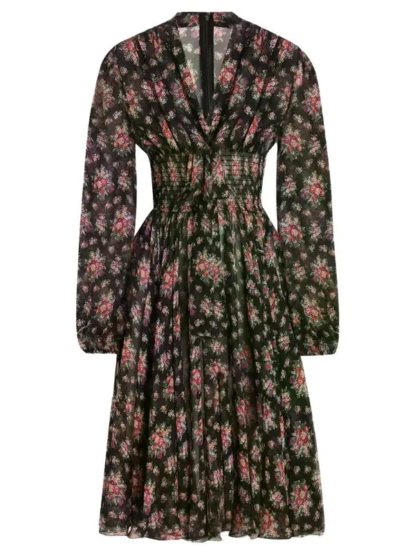 Dolce & Gabbana Floral Long-sleeves Midi Dress - Black