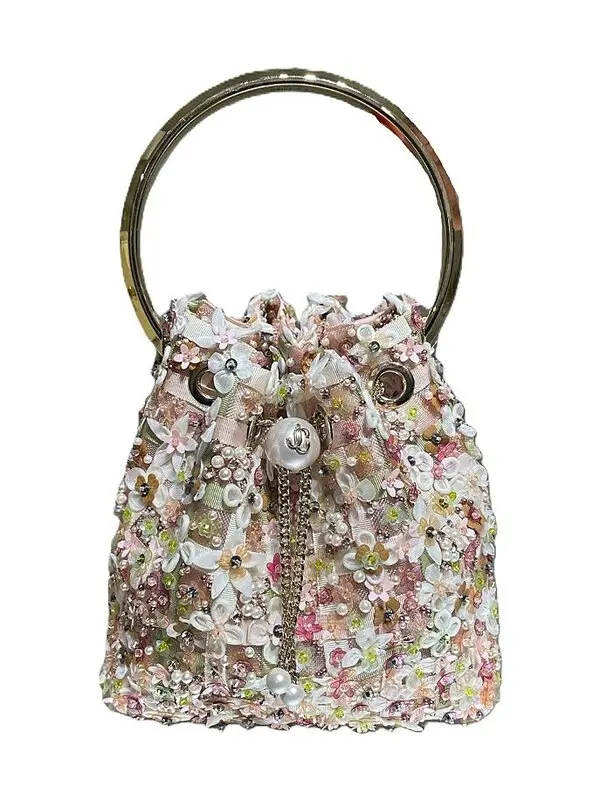 JIMMY CHOO Bon Bon Floral Embroidered Mesh Bucket Bag - Rose Multi
