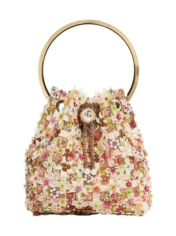 JIMMY CHOO Bon Bon Floral Embroidered Mesh Bucket Bag - Rose Multi