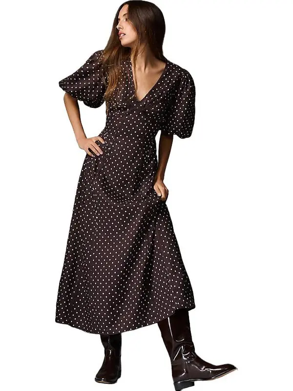 LOVAAN Adele Linen Blend Puff-sleeve Midi Dress - Cacao Spot