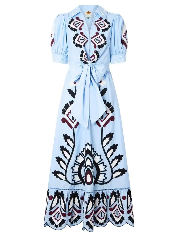 Farm Rio Tie-front Scalloped Appliquéd Cotton-poplin Maxi Dress - Blue