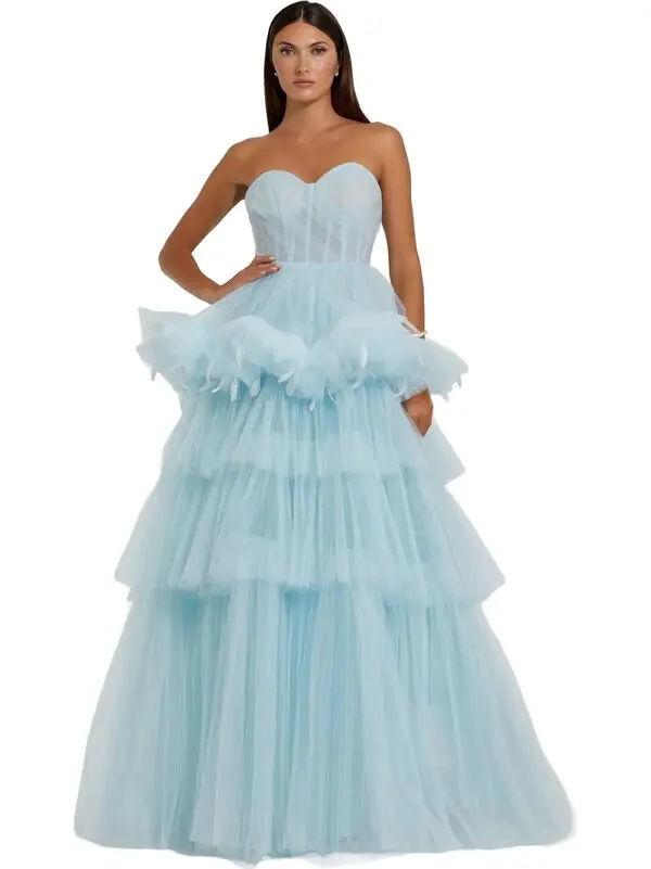 Mac Duggal Strapless Tulle Ballgown With Feather Trim - Blue