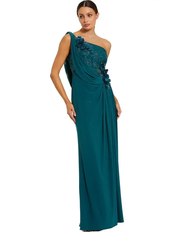 Mac Duggal One Shoulder Jersey Gown With 3d Flowers - Ocean