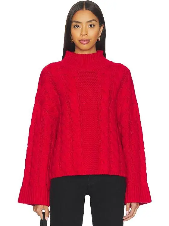 525 America Adalynn Oversized Chunky Cable Mock Neck Pullover - True Red