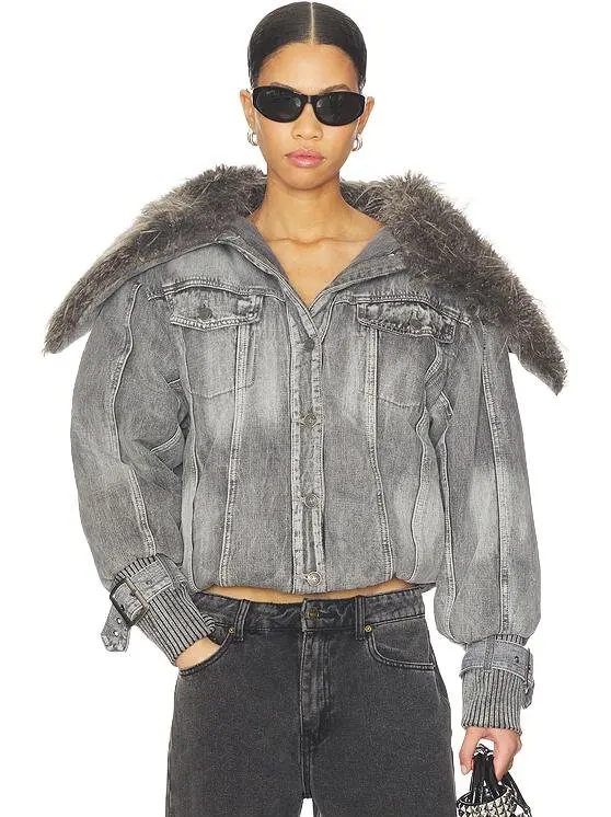 JADED LONDON Alloy Denim Bomber Jacket With Faux Fur Collar - Grey