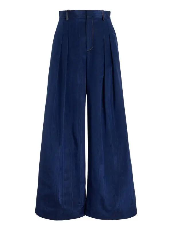 Rosie Assoulin Pleated Cotton Wide Leg Trousers - Navy