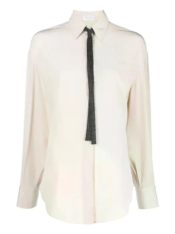 Brunello Cucinelli Beaded-tie Silk Shirt - Neutrals