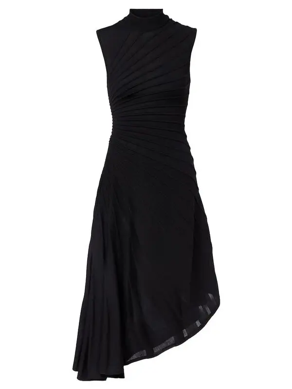 Alaïa Asymmetric Virgin Wool Midi Dress - Black