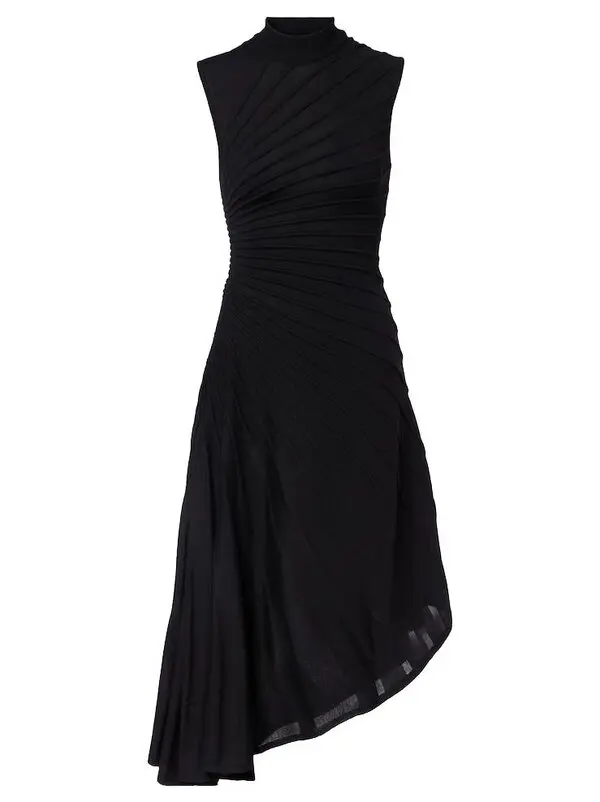 Alaïa Asymmetric Virgin Wool Midi Dress - Black