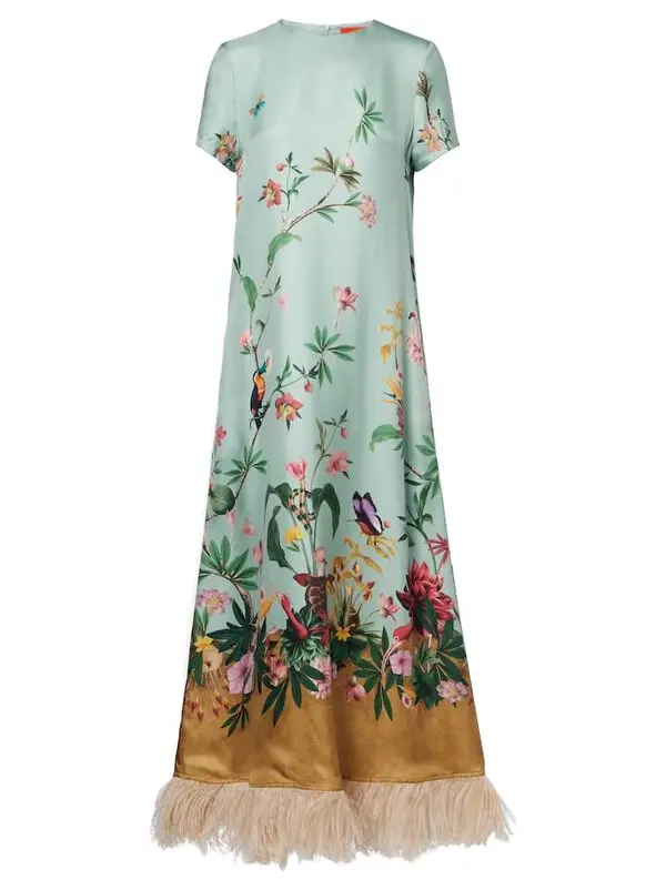 La DoubleJ Swing Feather-trimmed Maxi Dress - Green