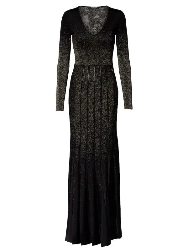 Roberto Cavalli Glitter Pleated Gown - Black