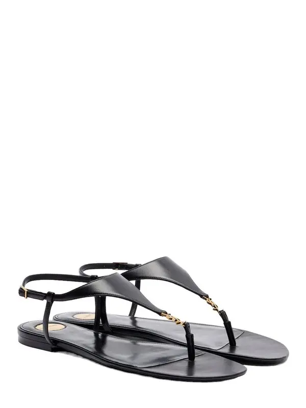 Saint Laurent Cassandre Leather Thong Sandals - Black