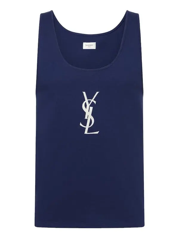 Saint Laurent Cassandre Embroidered Cotton Tank Top - Blue