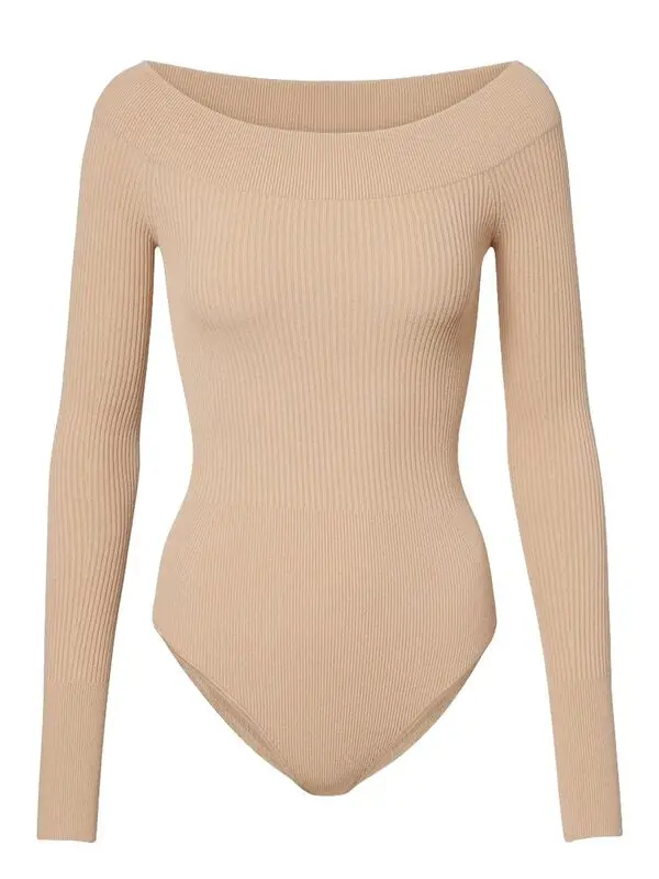 Alaïa Ribbed-knit Off-shoulder Bodysuit - Beige