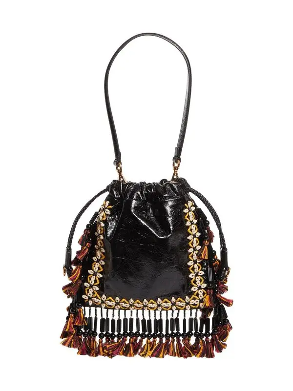 Etro Kalispera Embroidered Fringe Leather Shoulder Bag - Nero