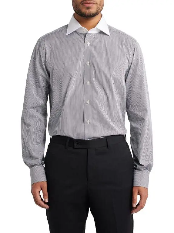 EMANUEL BERG Modern Fit Stripe Cotton Poplin Dress Shirt - Black