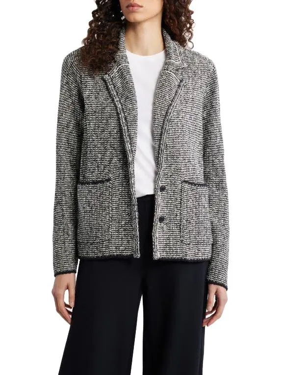 Eileen Fisher Cotton Blend Tweed Jacket - Black/soft White
