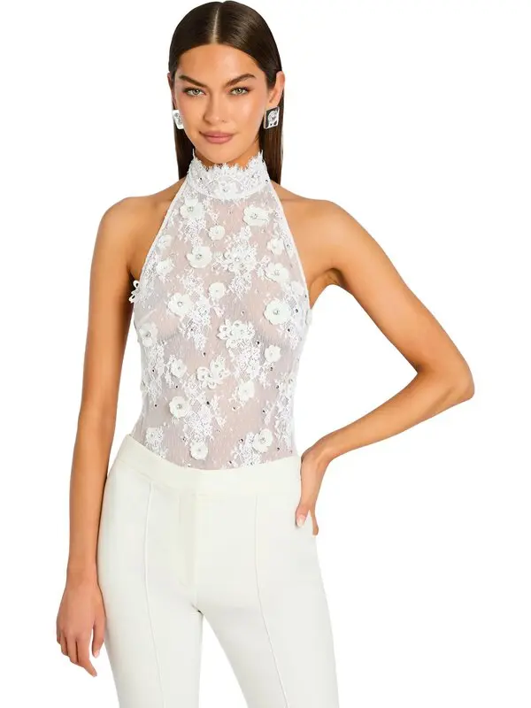 Retrofete Saga Lace Embellished Bodysuit - White/silver