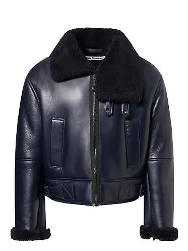 Acne Studios Wide-collared Buckled Leather And Shearling Aviator Jacket - Navy Blue
