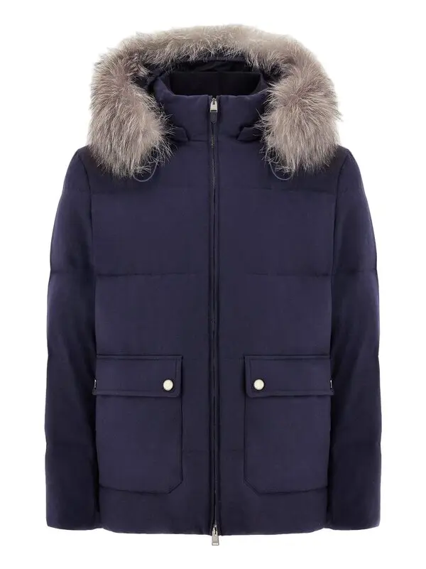 Canali Cashmere Puffer Jacket With Fox Fur Hood - Blue