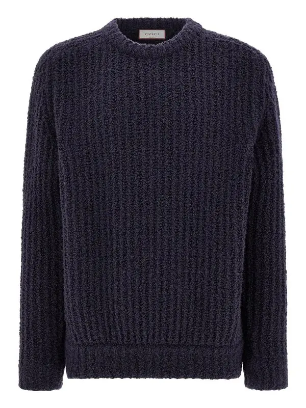 Canali Crew Neck Wool And Silk Bouclé Pullover - Blue