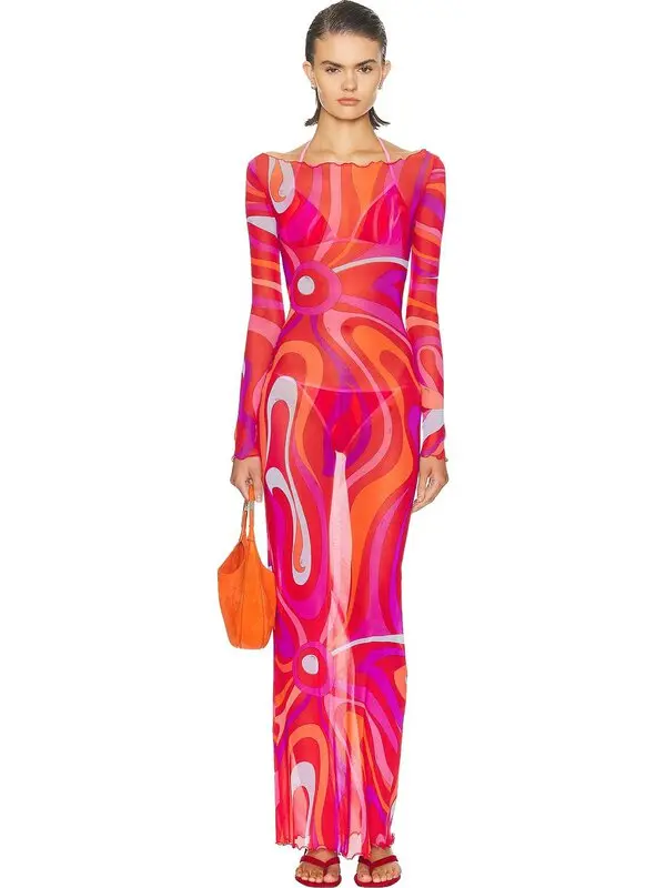 Emilio Pucci Long Sleeve Maxi Dress - Corallo & Fuxia