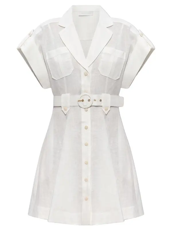Zimmermann Linen Shirt Mini Dress With Belt - White