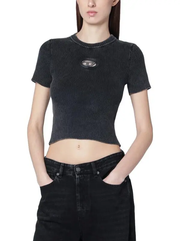 DIESEL Cropped T-shirt With Metallic Logo - Black