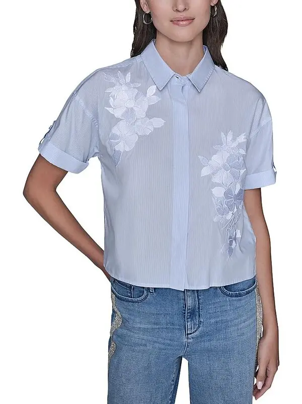 Karl Lagerfeld Paris Striped Floral Poplin Top - Blue Aura