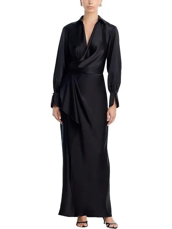 Aqua Satin Long Sleeve Maxi Gown - Black