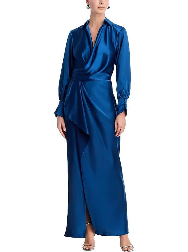 Aqua Satin Long Sleeve Maxi Gown - Ocean