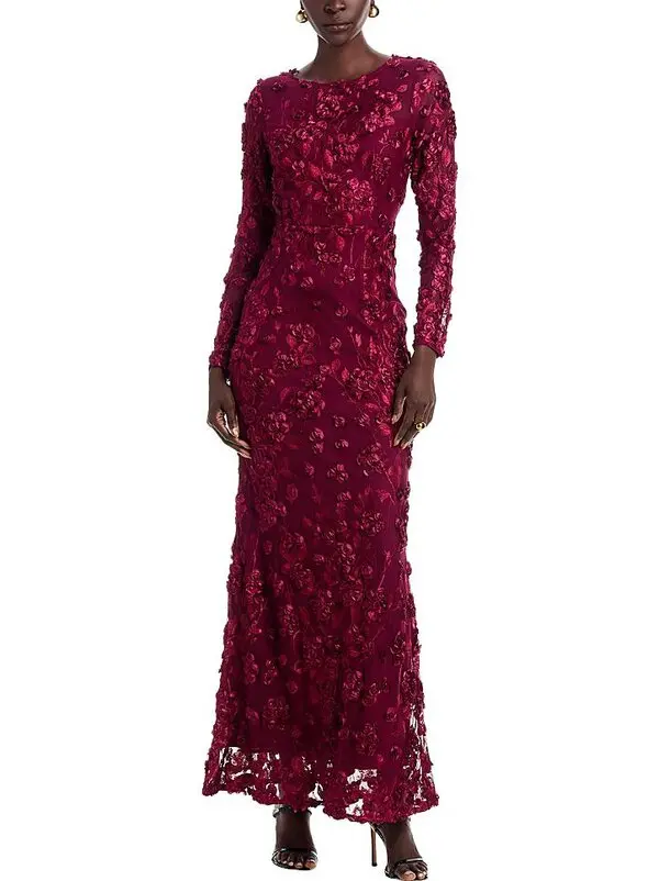 Aqua Long Sleeve 3d Floral Mesh Dress - Garnet
