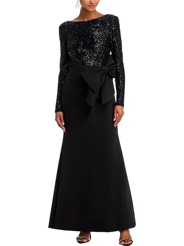 Eliza J Long Sleeved Mermaid Gown With Bow - Black