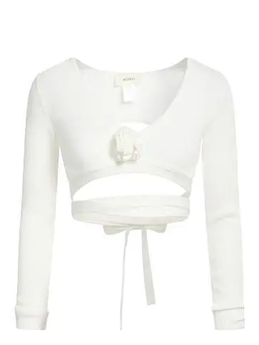 VICOLO Cropped Knit Top With Floral Appliqués - White
