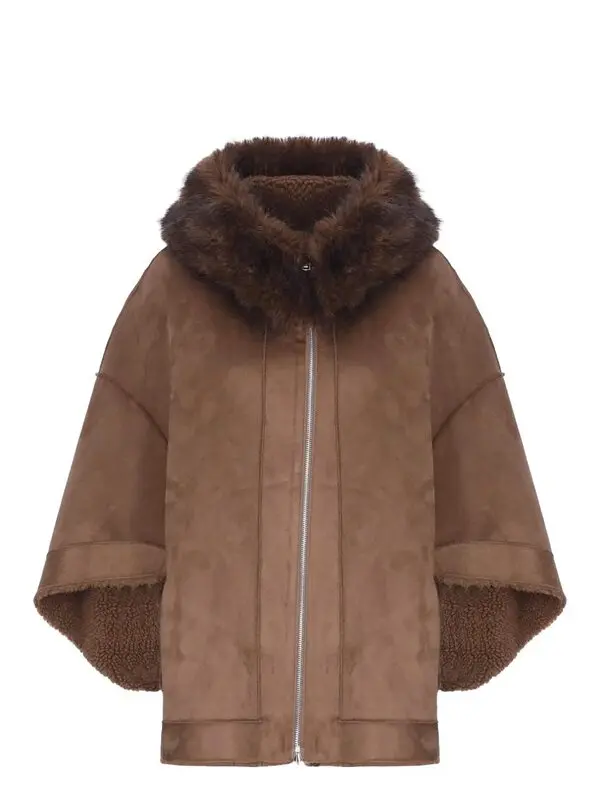 BETTA CORRADI Reversible Faux Leather Coat With Faux Fur Hood - Brown