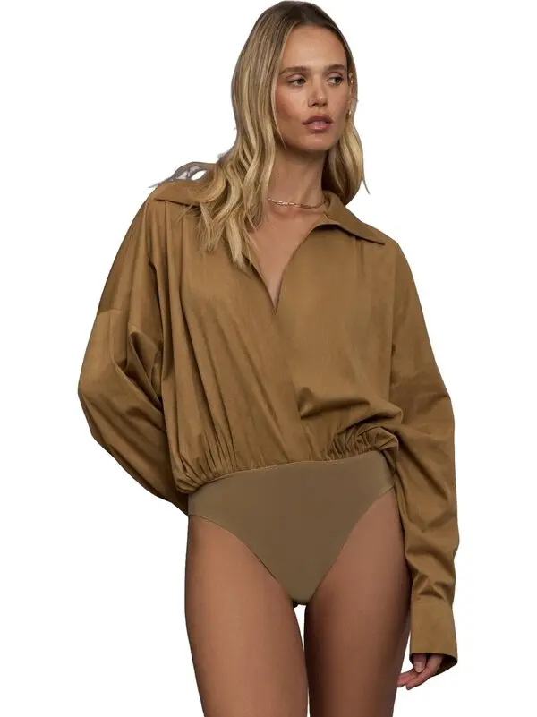 Norma Kamali Super Oversized Boyfriend Shirt Bodysuit - Camel