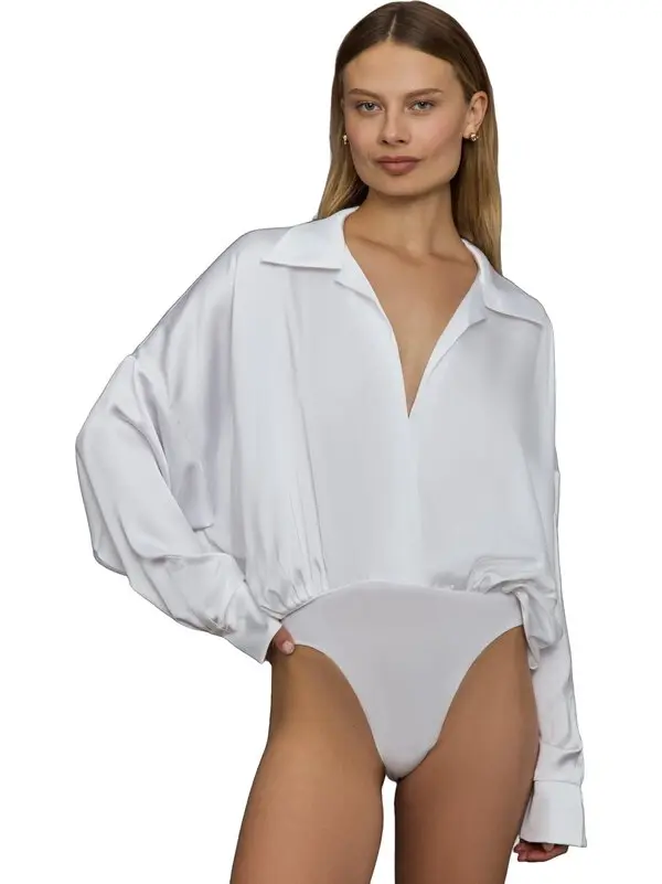 Norma Kamali Oversized Boyfriend Shirt Bodysuit - Snow White