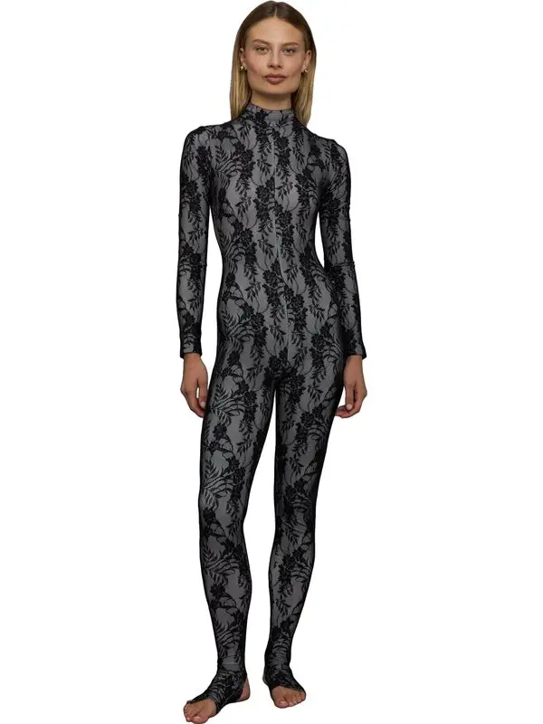 Norma Kamali Long Sleeve Slim Fit Lace Catsuit - Black/white Lace