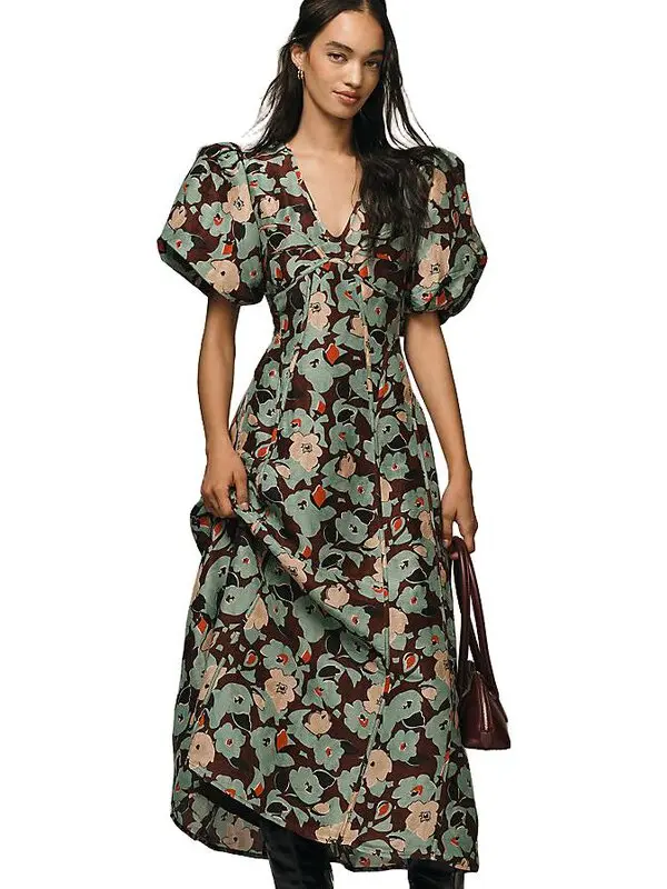 LOVAAN Adele Linen-silk Puff-sleeve Midi Dress - Echo Floral