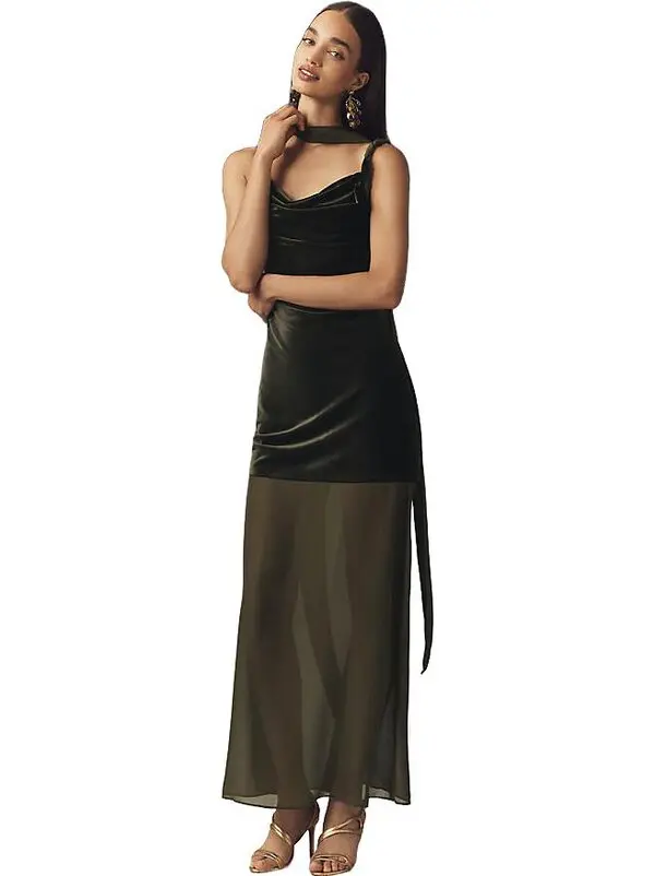 MARE MARE Velvet Scarf-neck Maxi Dress - Olive