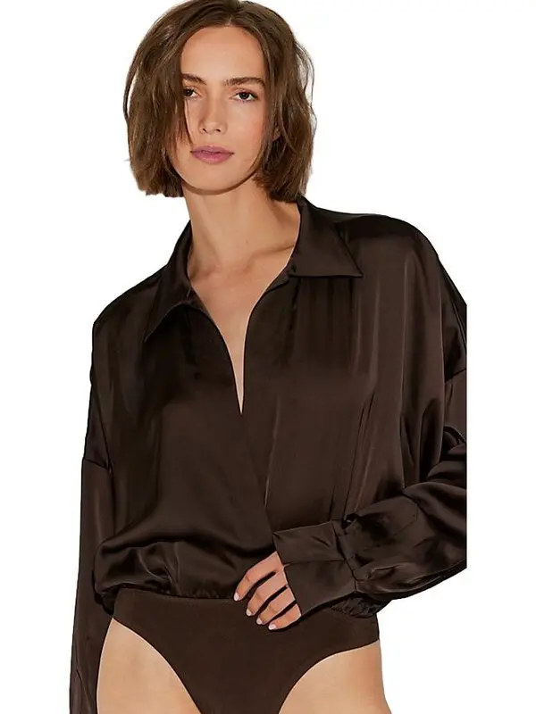 Norma Kamali Satin Super Oversized Boyfriend Shirt Bodysuit - Chocolate