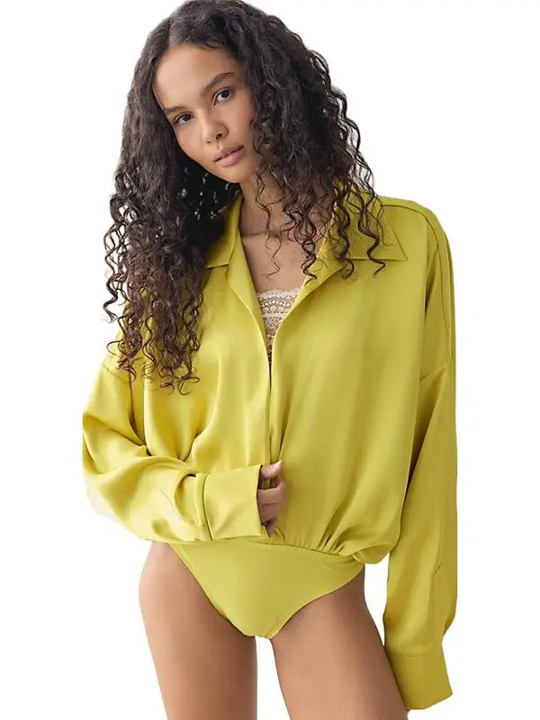 Norma Kamali Satin Oversized Shirt Bodysuit - Serene Yellow